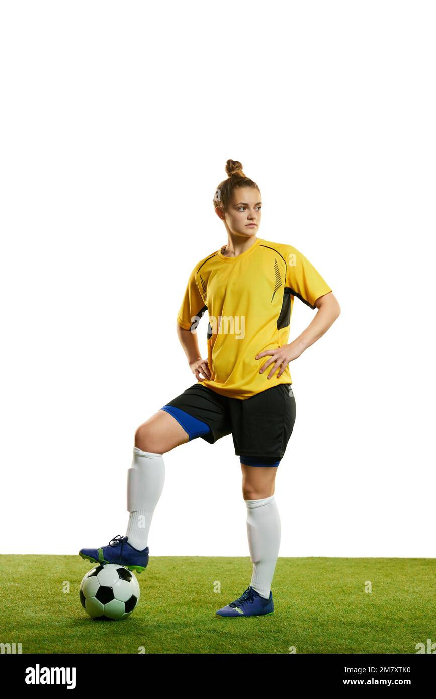 Winner. Young woman, professional female football, soccer player in ...
