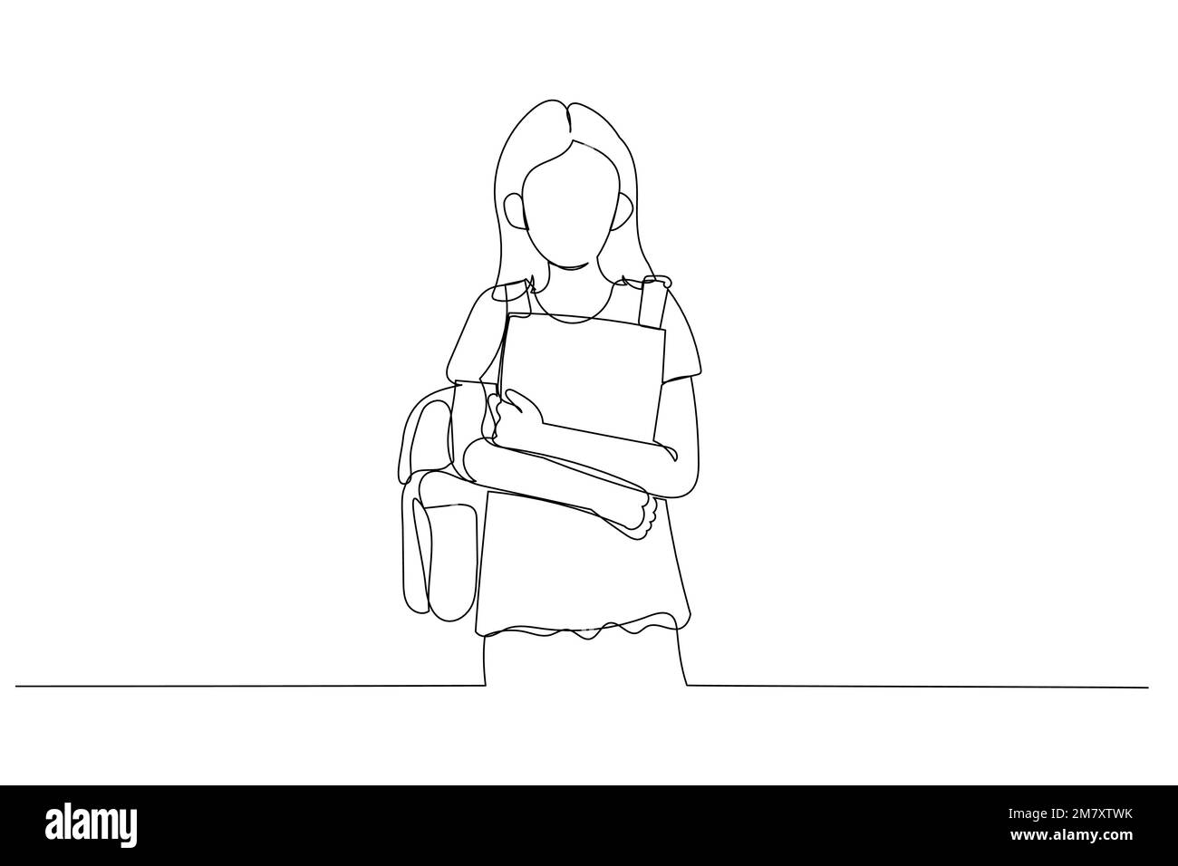 Drawing of school girl child with school bag and books. Single ...