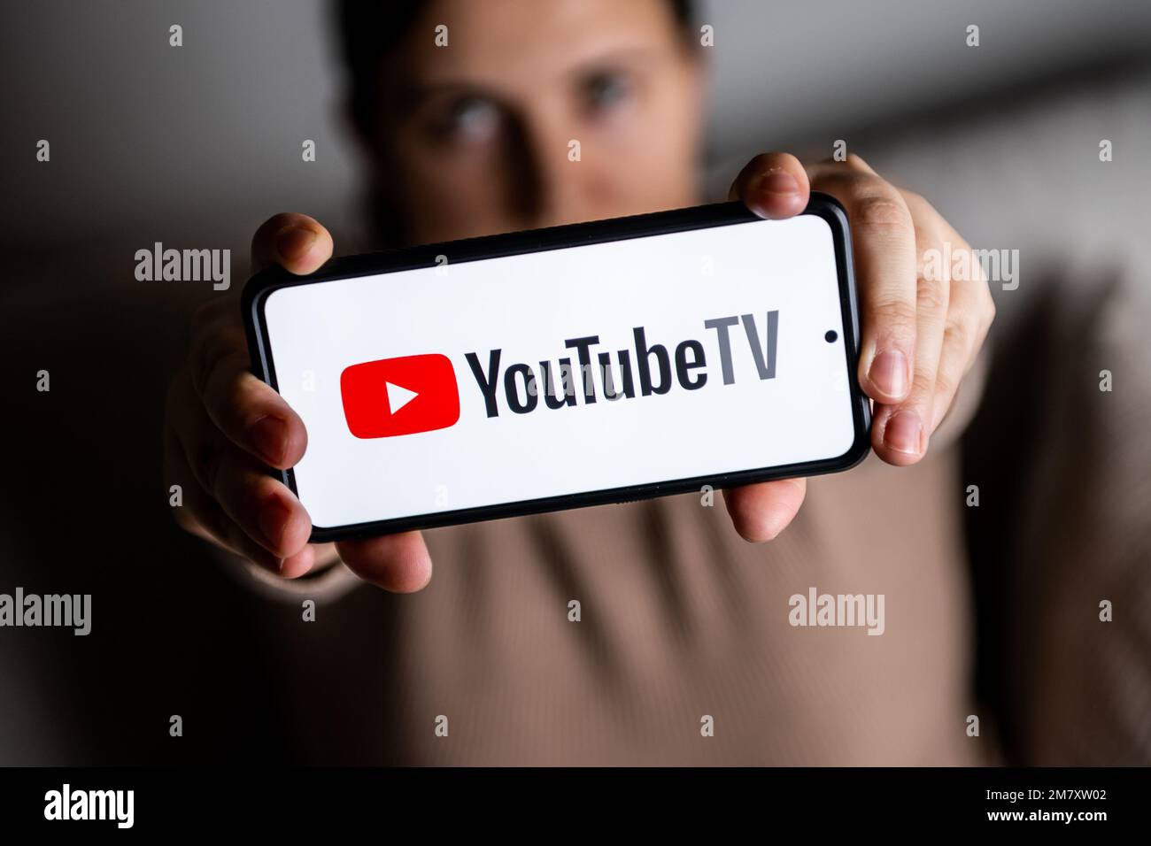 In this photo illustration, a YouTube TV logo seen displayed on a smartphone. (Photo by Mateusz ...