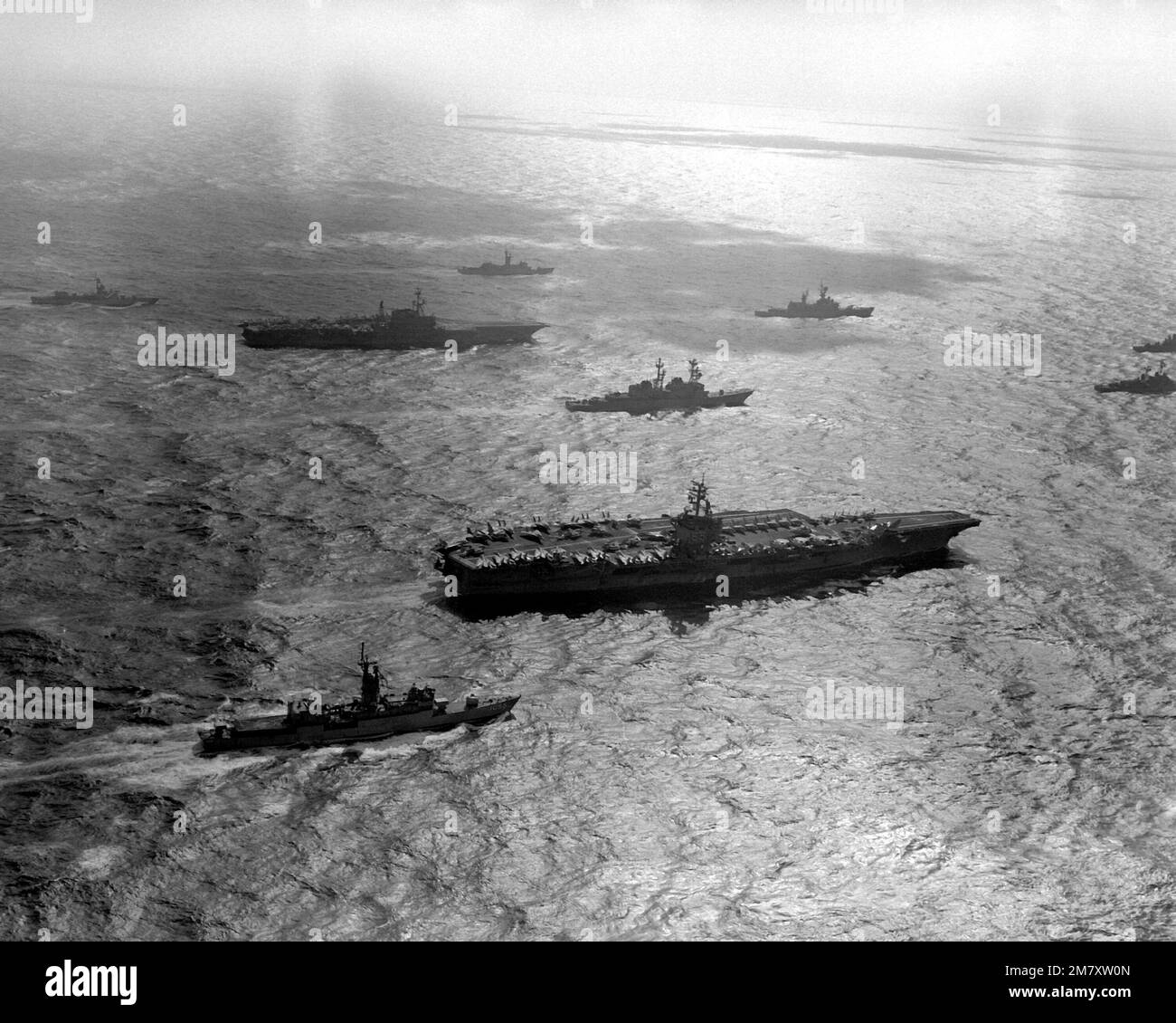 Aerial starboard side view of the nuclear-powered aircraft carrier USS ...