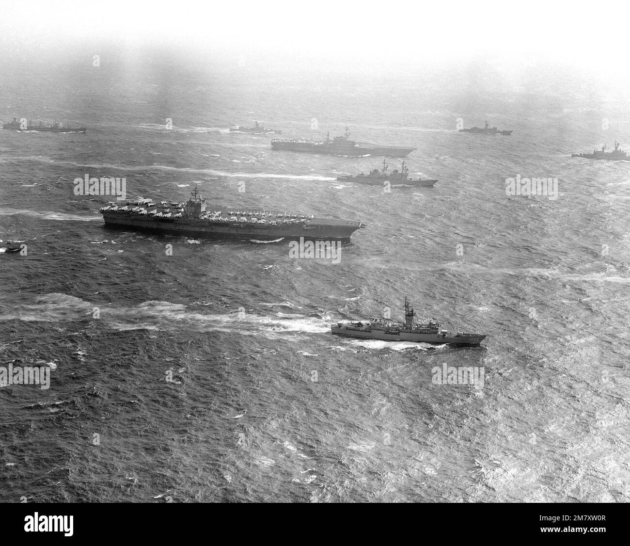 Aerial starboard side view of the nuclear-powered aircraft carrier USS ...
