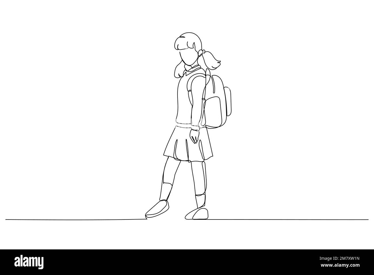 Cartoon of happy schoolgirl goes to school. One continuous line art ...
