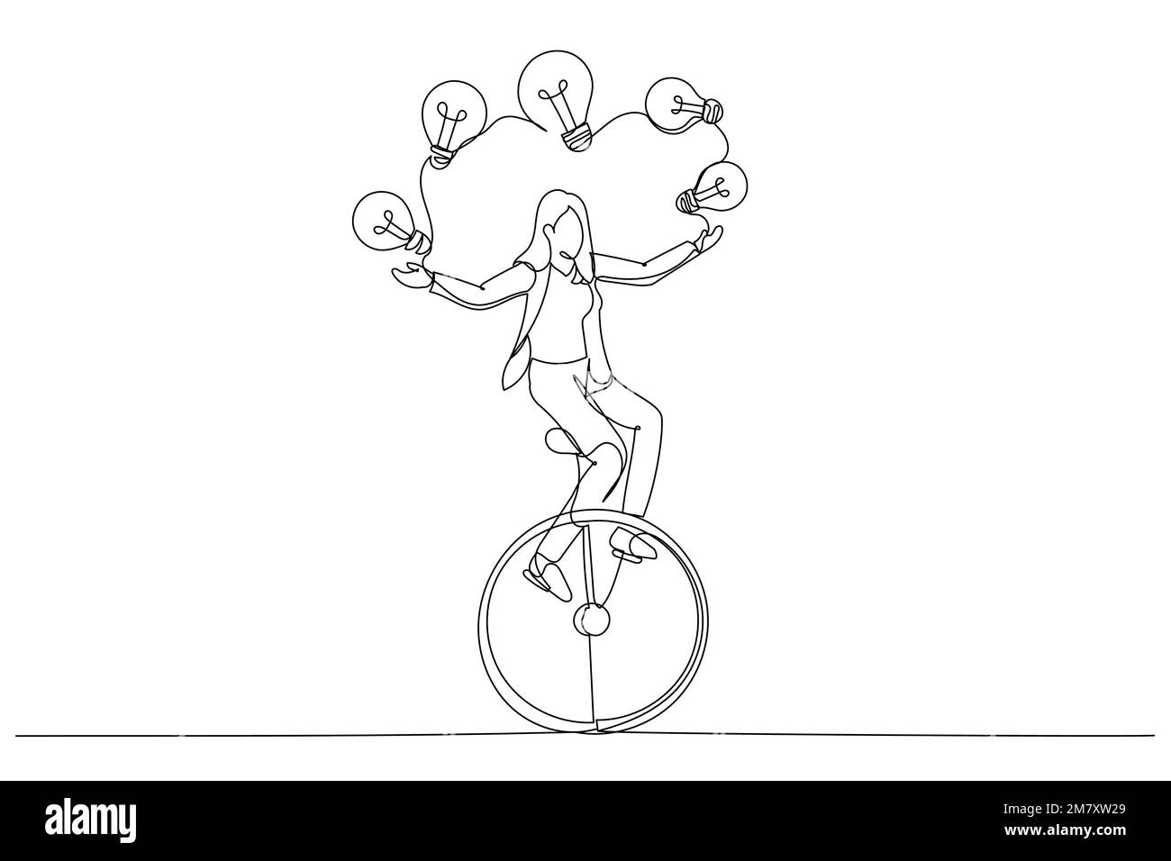 Cartoon of businesswoman riding unicycle juggling lightbulb lamp ...