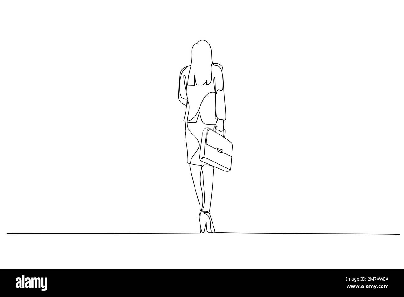 Drawing of young businesswoman walking with a handbag. Rear view ...