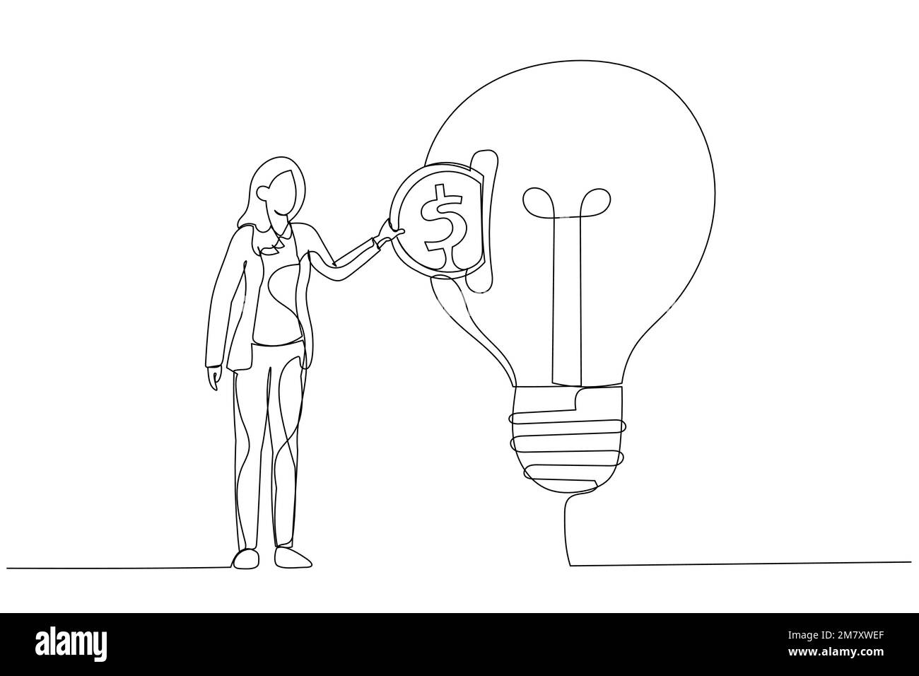 Drawing of businesswoman putting dollar coin into slot in light bulb ...