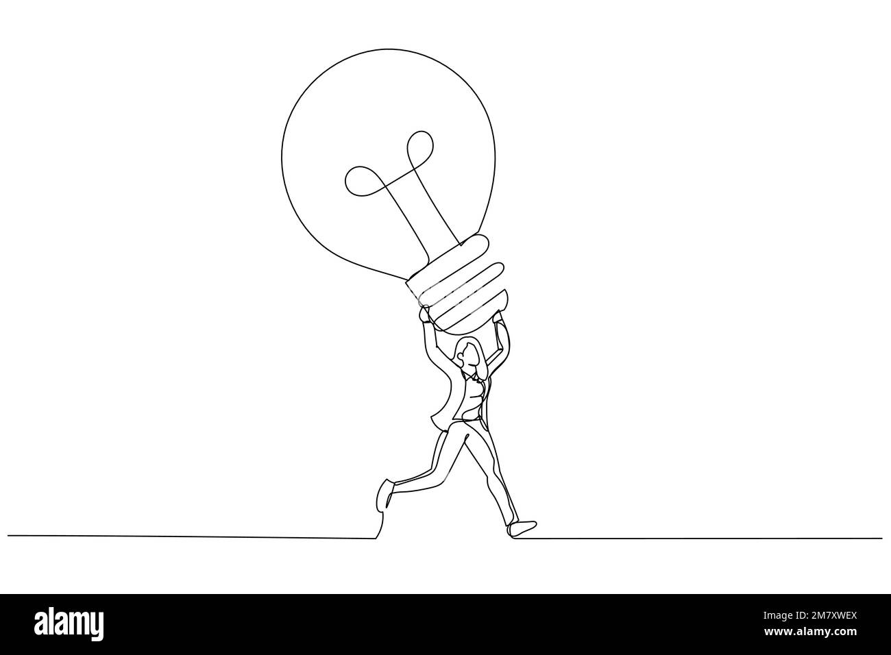 Drawing of excited businesswoman carrying big lightbulb idea running to ...