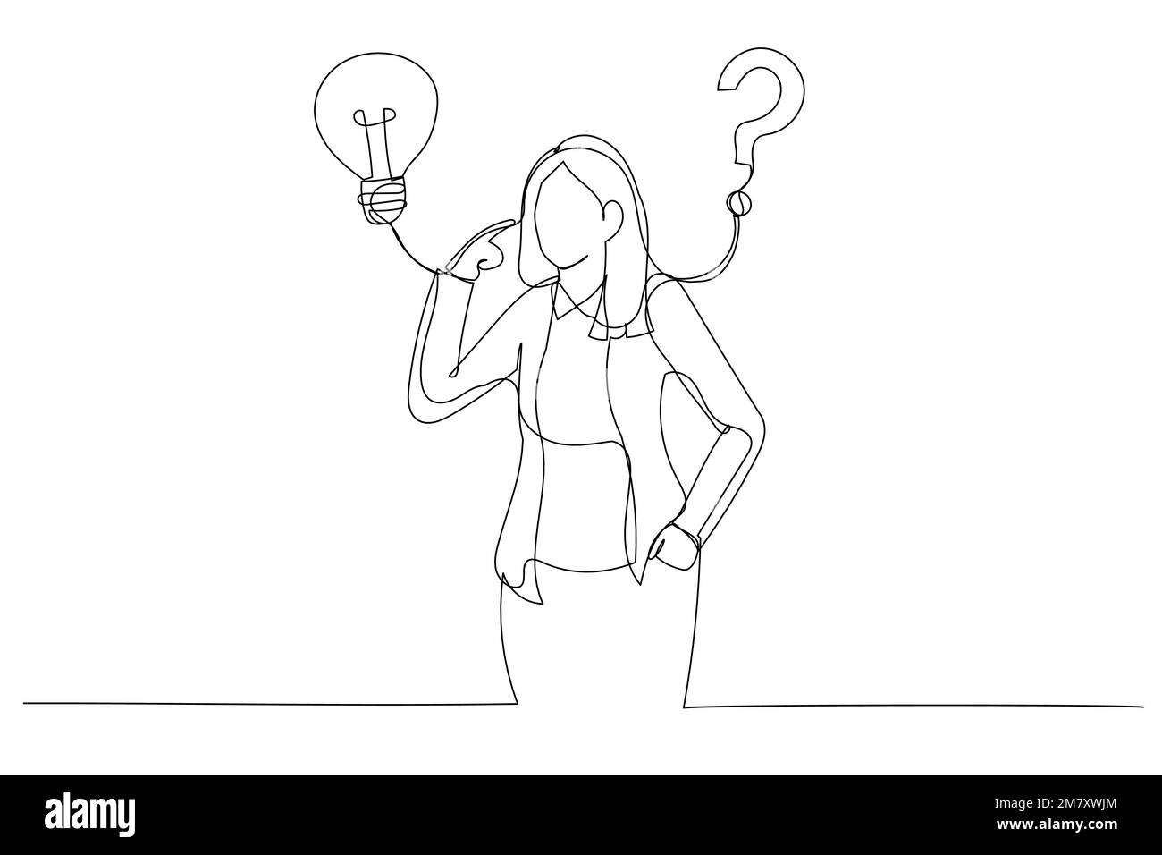 Illustration Of Businesswoman Think Of Solution To Solve Problem With Lightbulb And Question