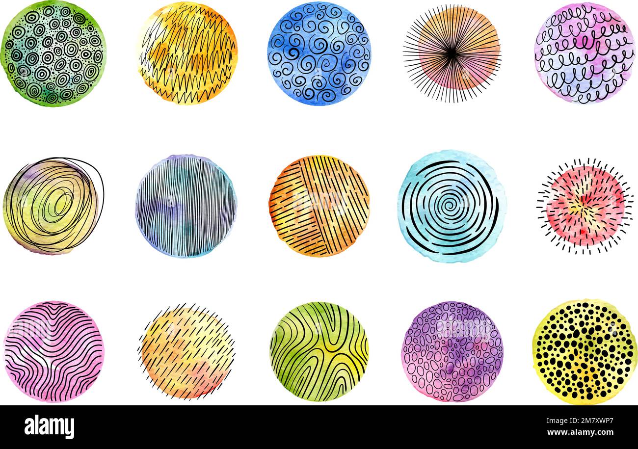 Abstract watercolor circle with doodle texture. Circular hand drawn ...