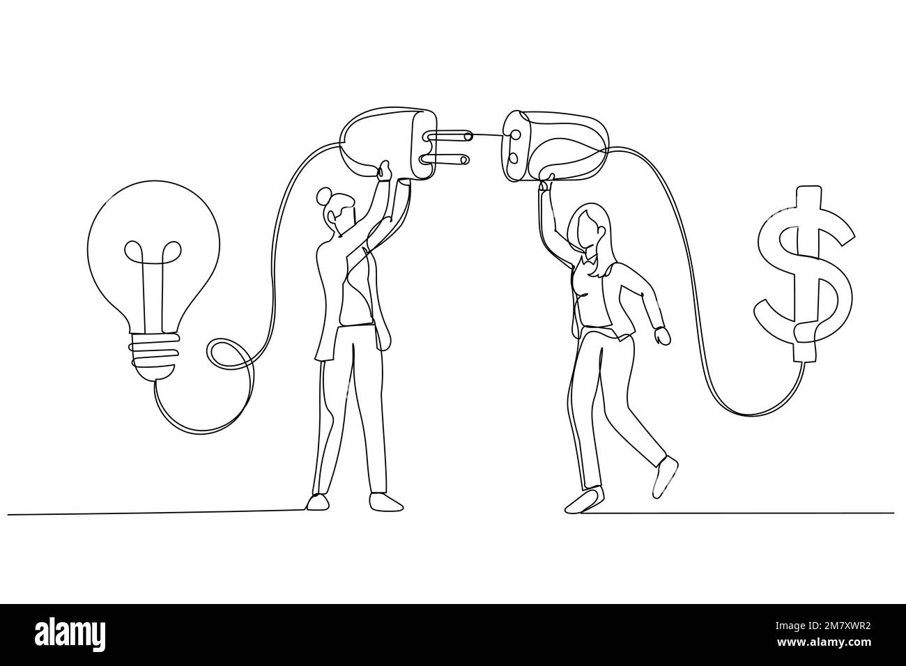 Cartoon of businesswoman connect lightbulb with money dollar sign ...