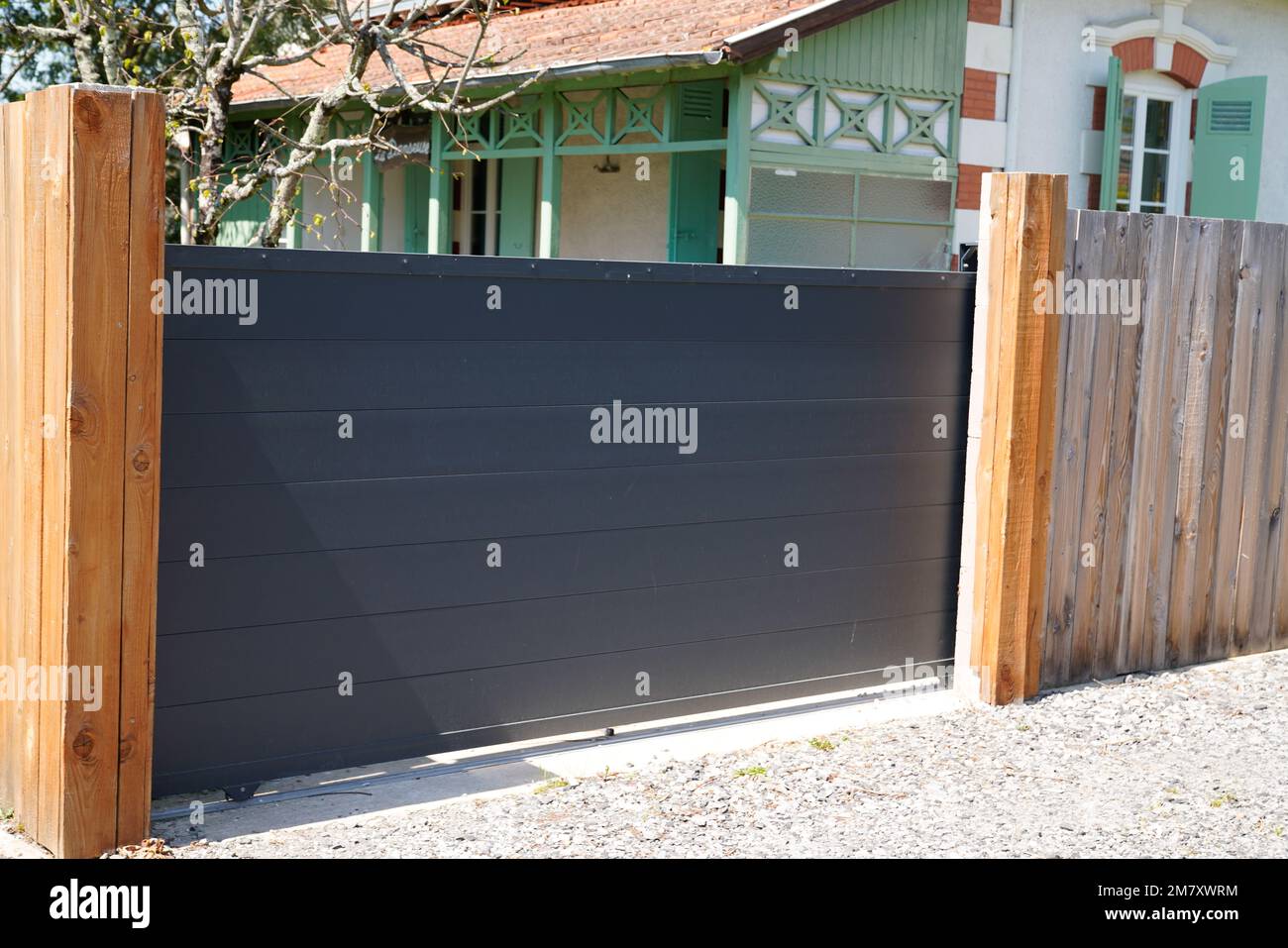 steel grey portal large gray metal gate fence on modern house street ...