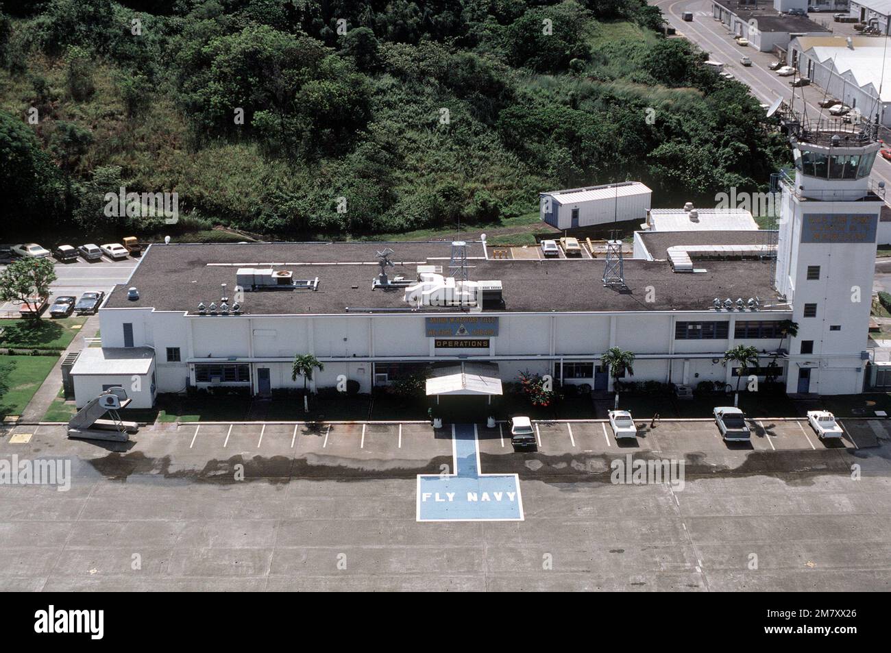 Aerial view of the Arthur W. Radford Field control tower. Base: Naval ...