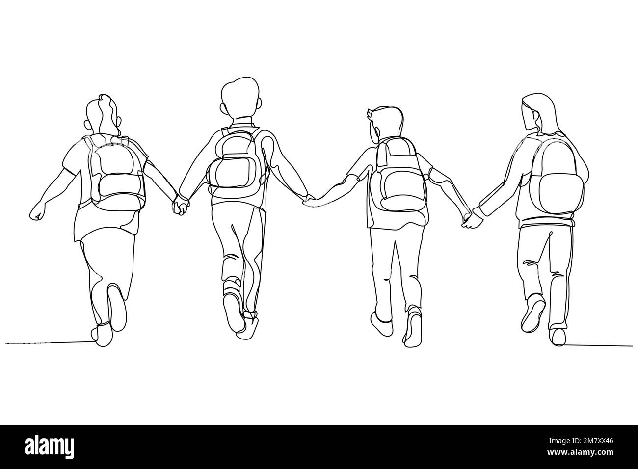 Drawing of group of children run to the door of the school holding each ...