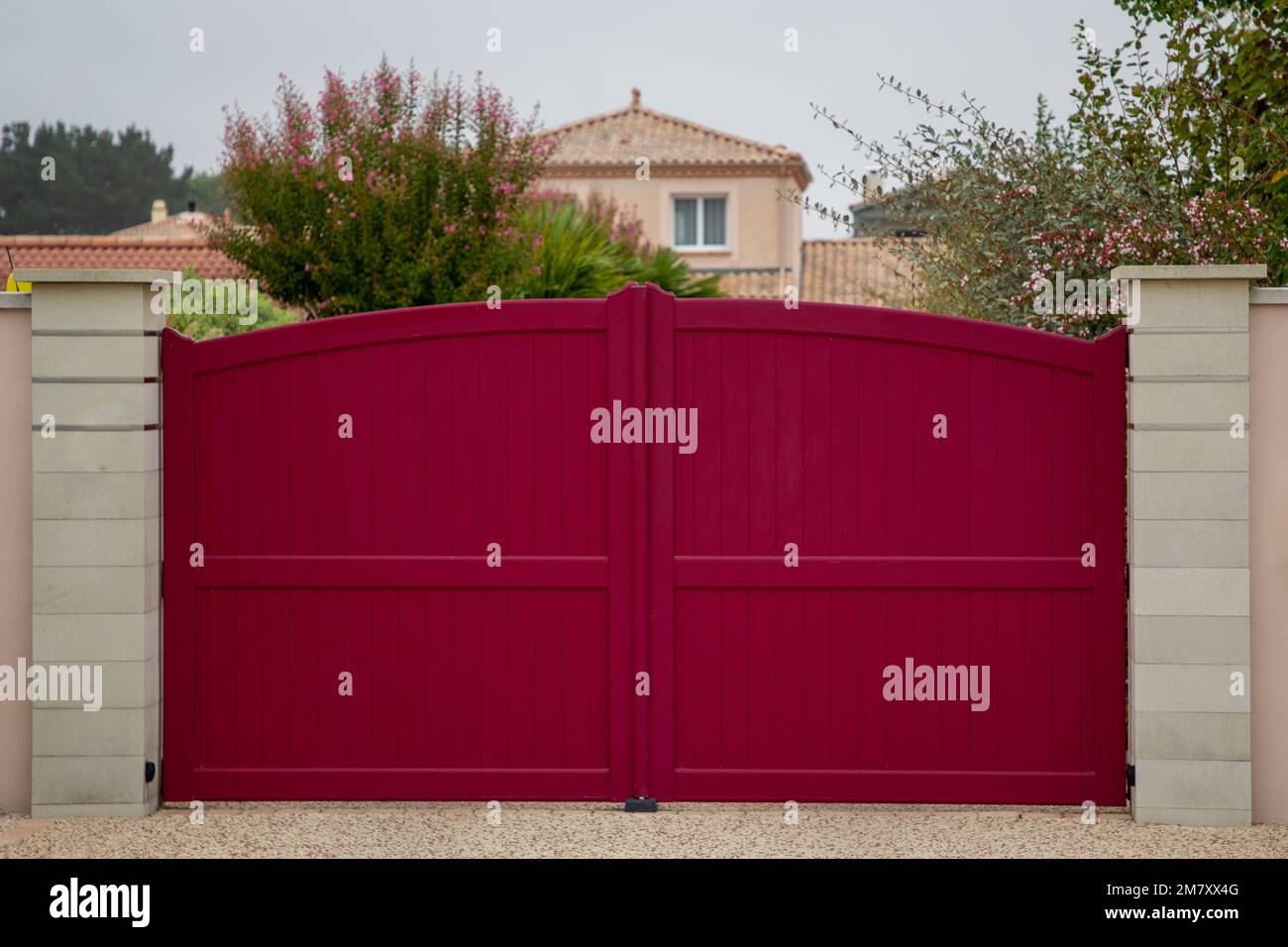 Aluminum home red high double metal gate door of suburb house Stock ...