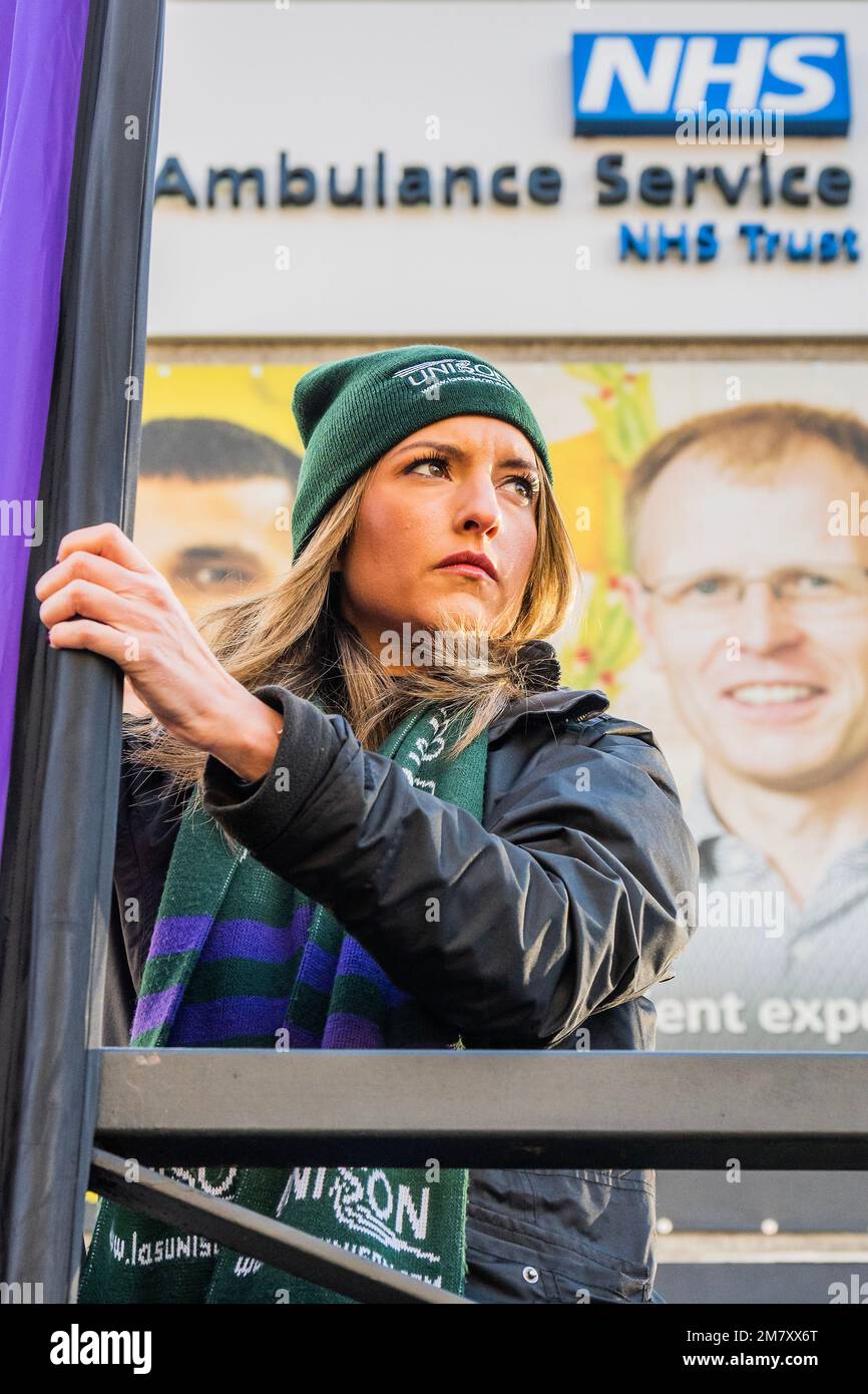 London, UK. 11th Jan, 2023. The Unison 'battle flag' is raised - A ...