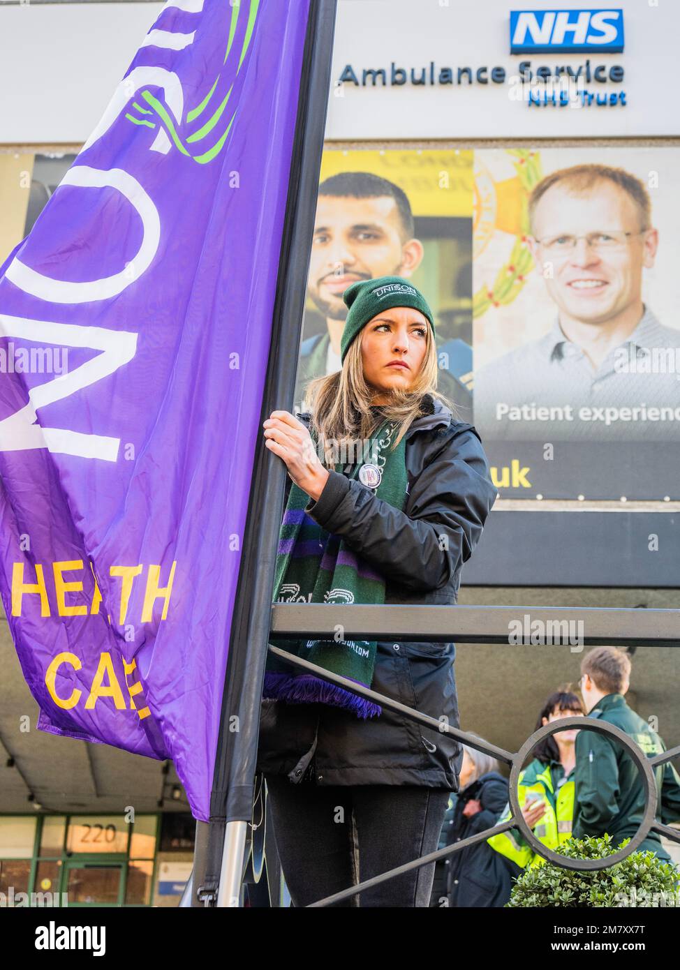London, UK. 11th Jan, 2023. The Unison 'battle flag' is raised - A ...
