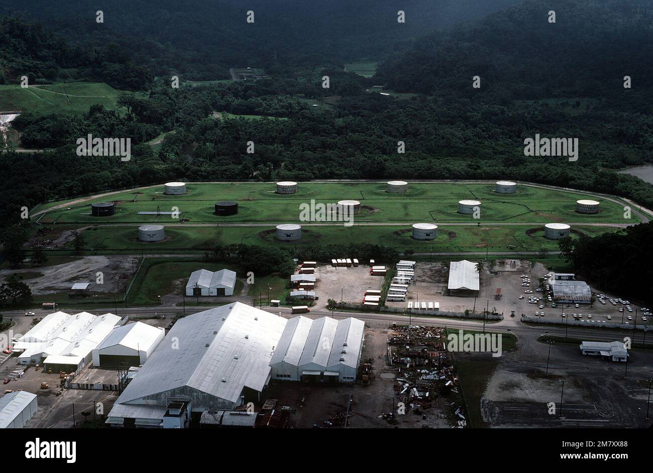 Aerial view of the fuel farm and bus and taxi complexes (foreground ...