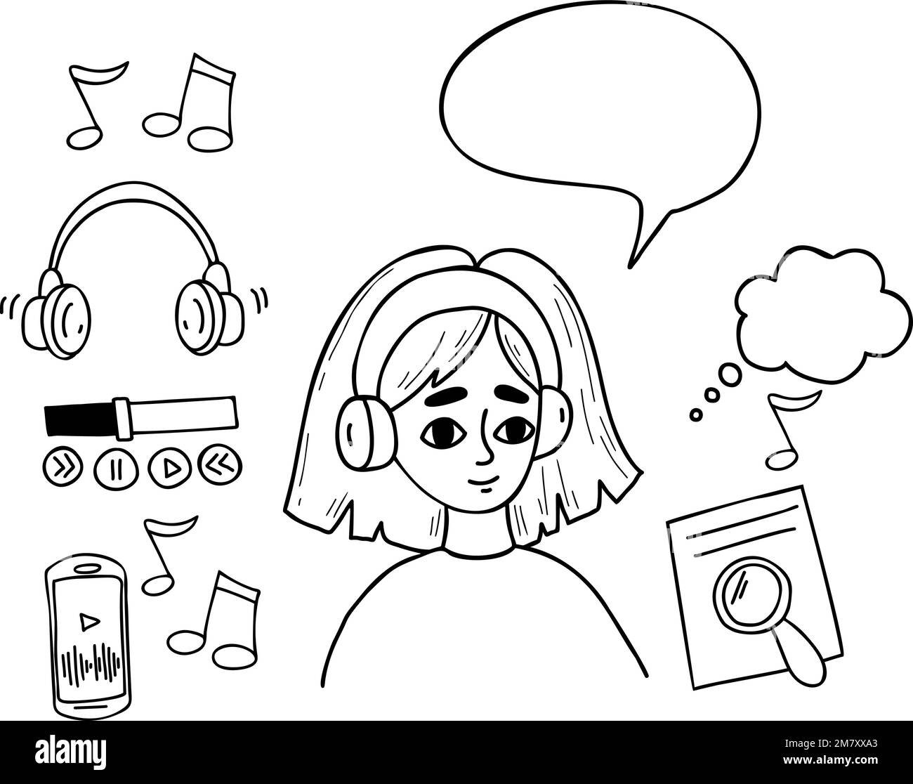 Podcast doodle collection. Cute female blogger in headphones listens to ...