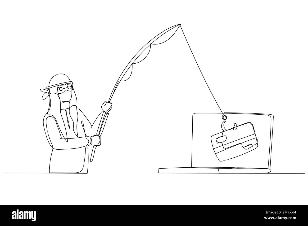 Drawing of arab businessman as cyber thief hacker try to get credit ...