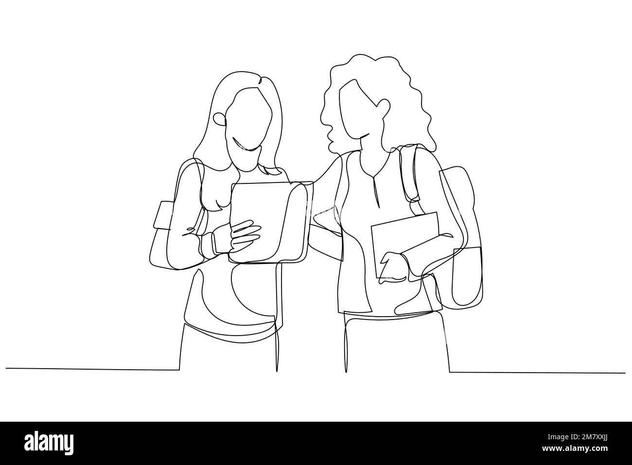 Drawing of interracial college students as friends looking at tablet ...