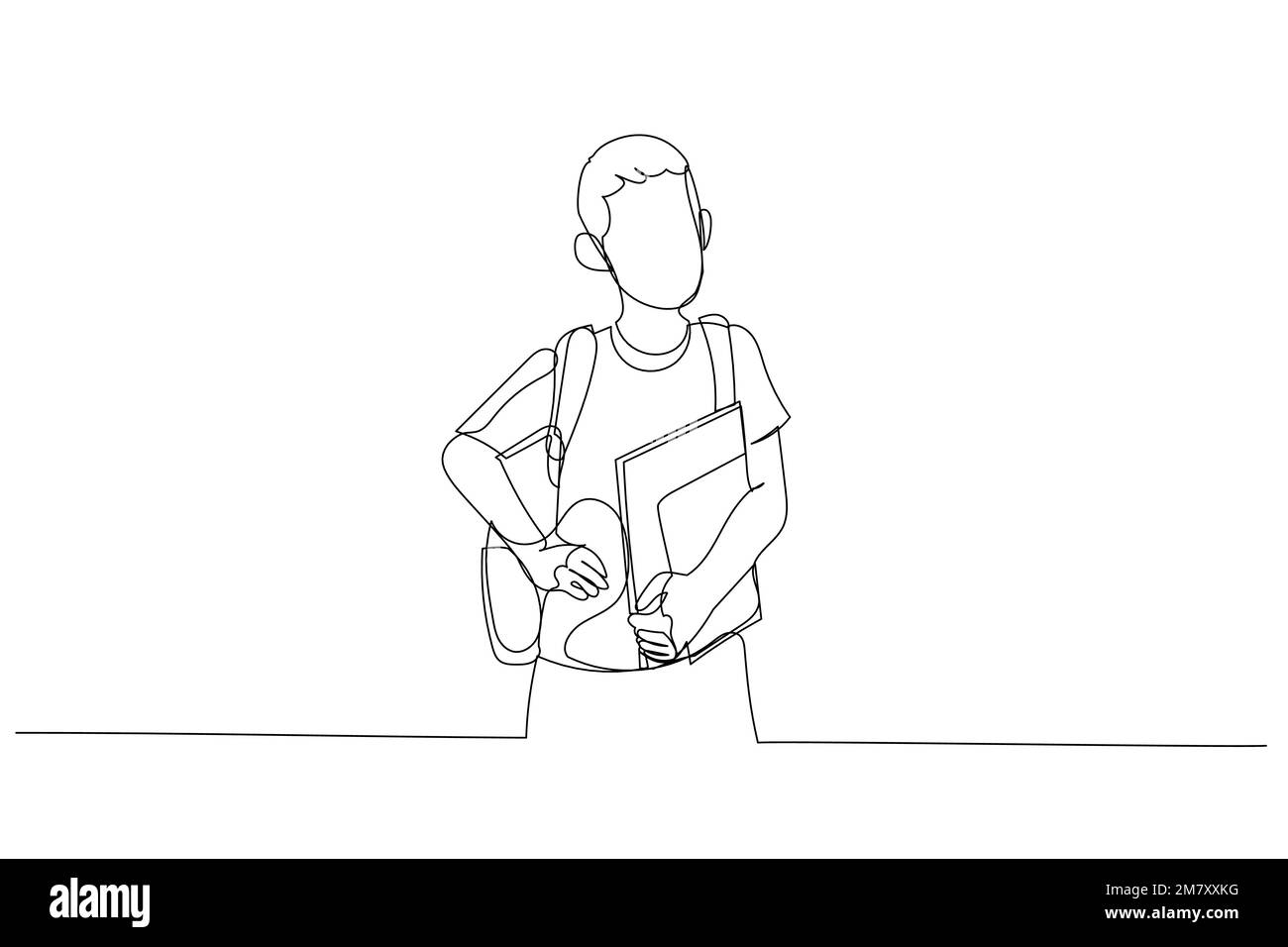 Drawing of school boy with backpack holding a notebook. Single ...