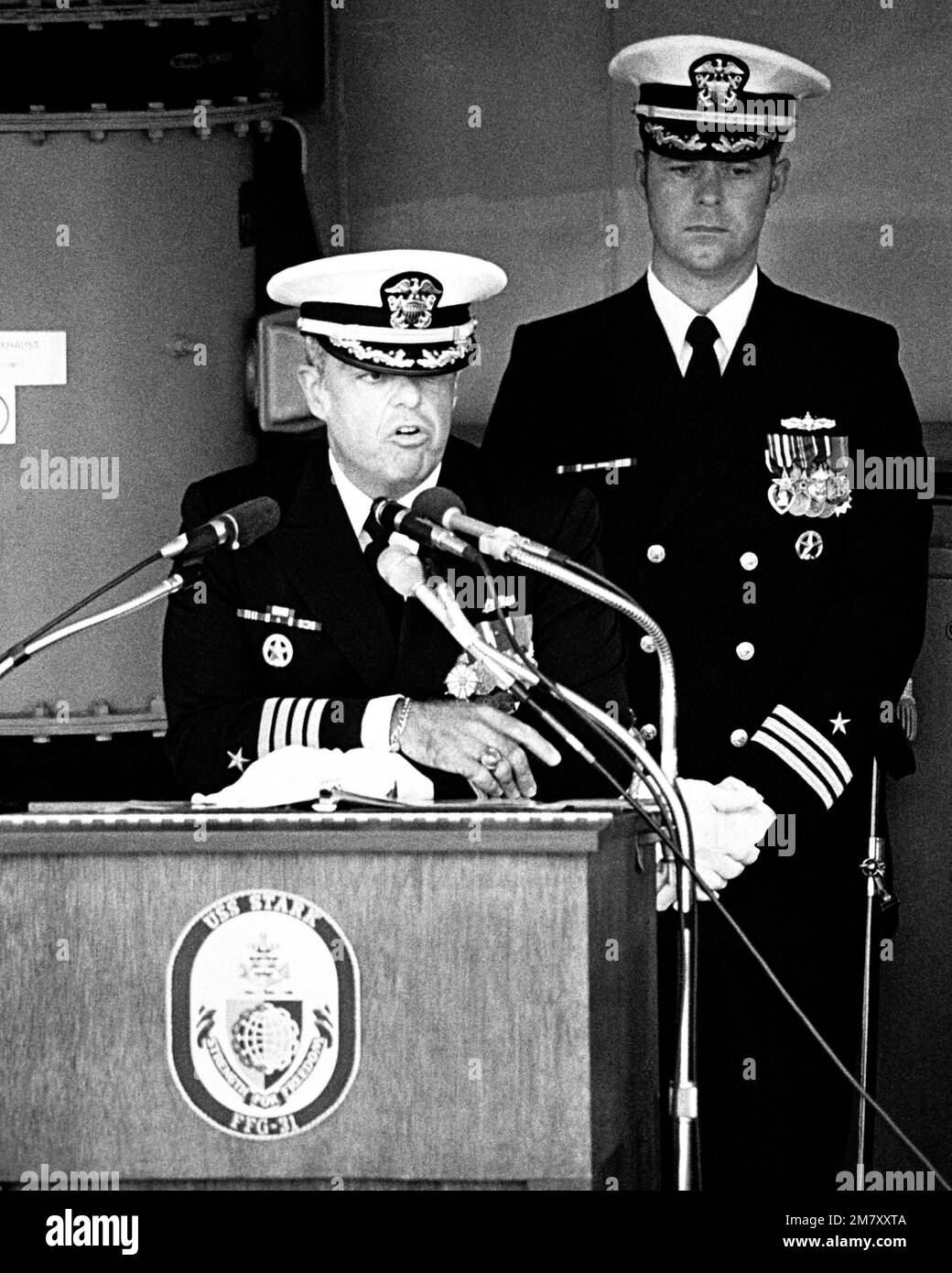 CAPT Michael P. Kalleres speaks during the commissioning ceremony for ...