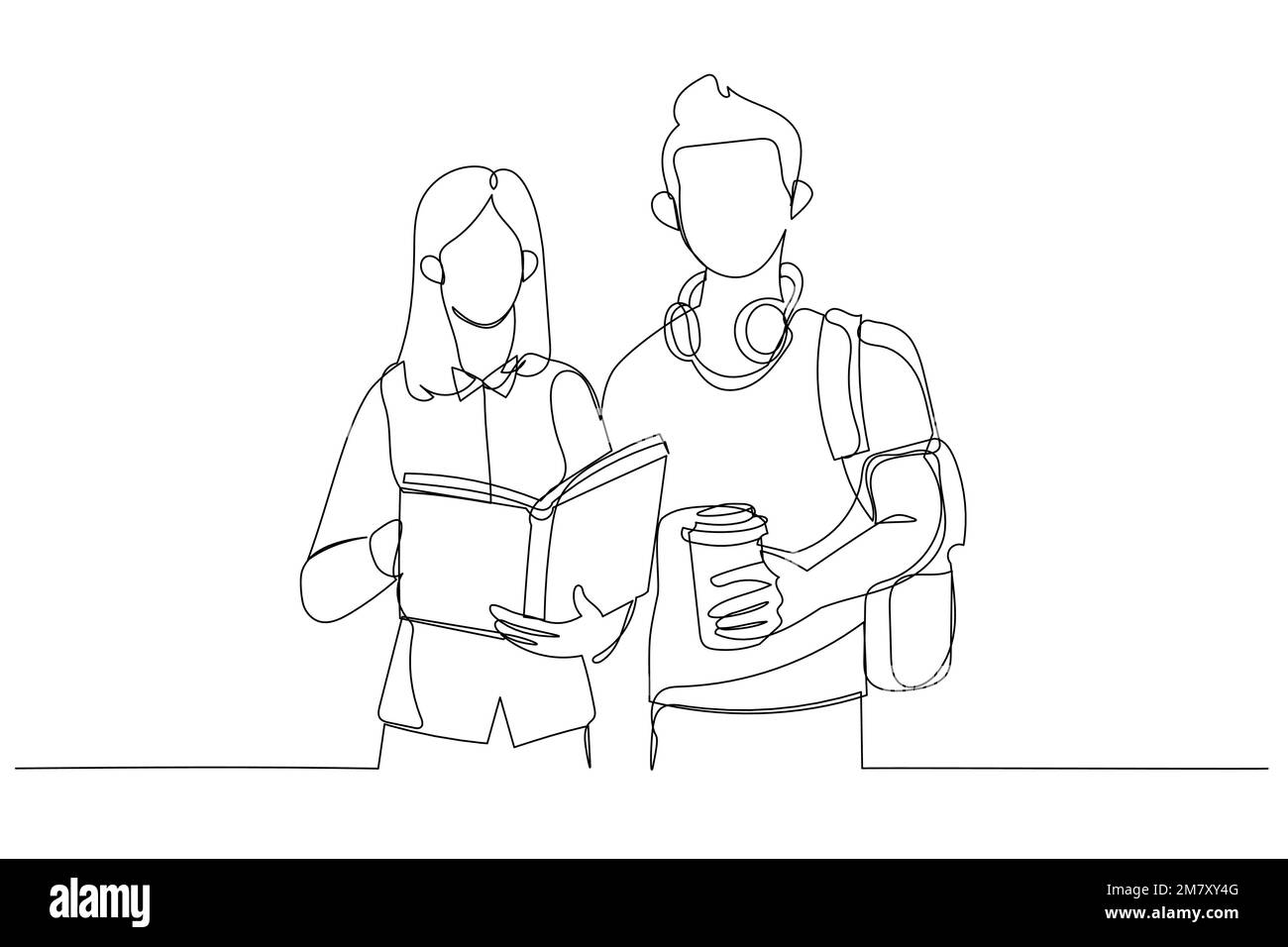 Illustration of friends girl and guy standing together searching books ...