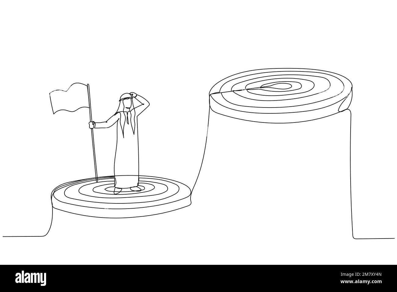 Drawing of arab man climb up ladder reaching goal and looking for next ...