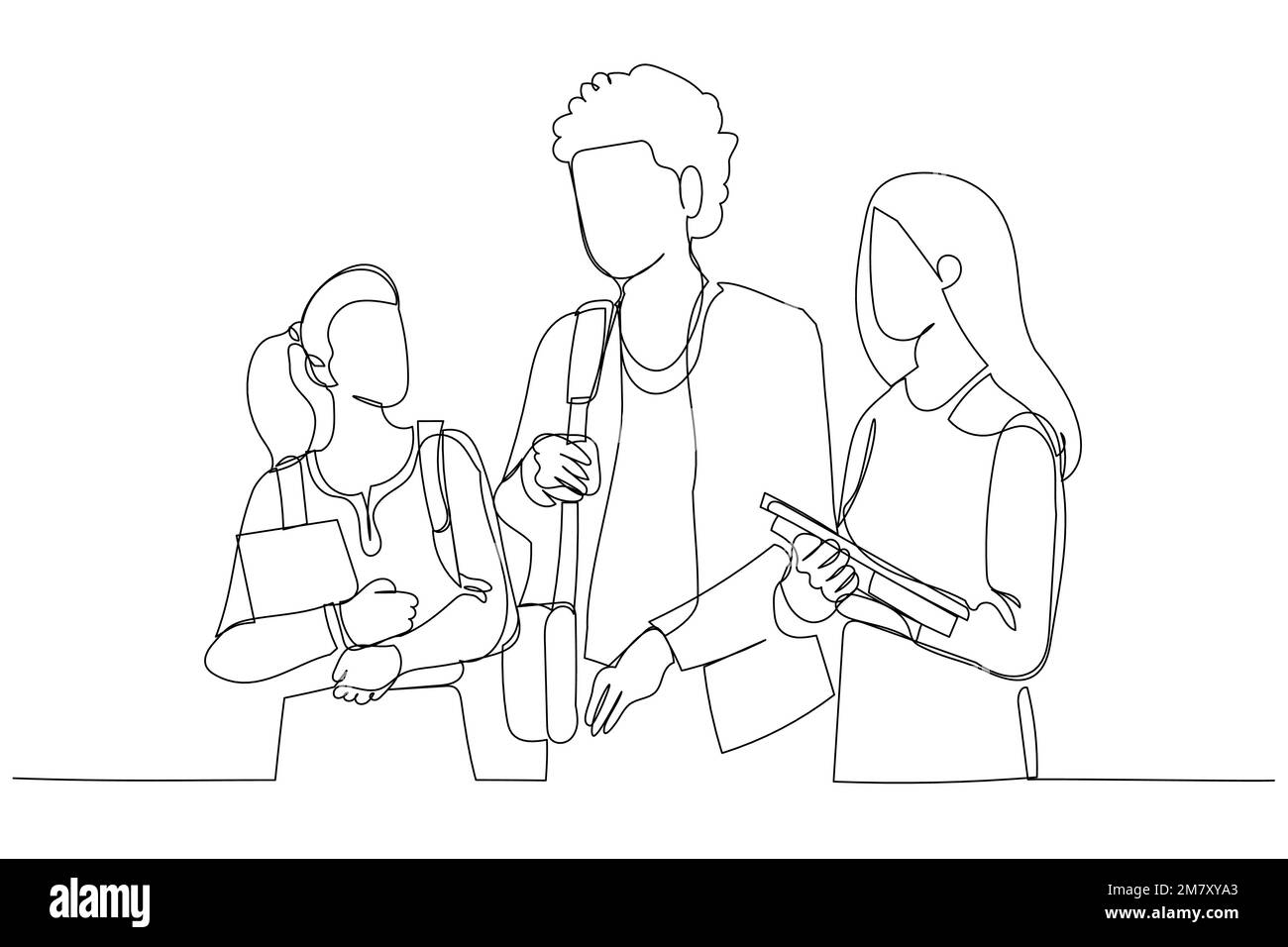 Cartoon of three friendly nice look students talking, sharing news ...