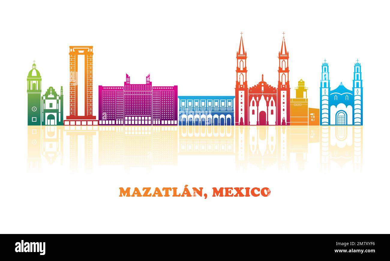 Colourfull Skyline panorama of city of Mazatlan, Mexico - vector ...