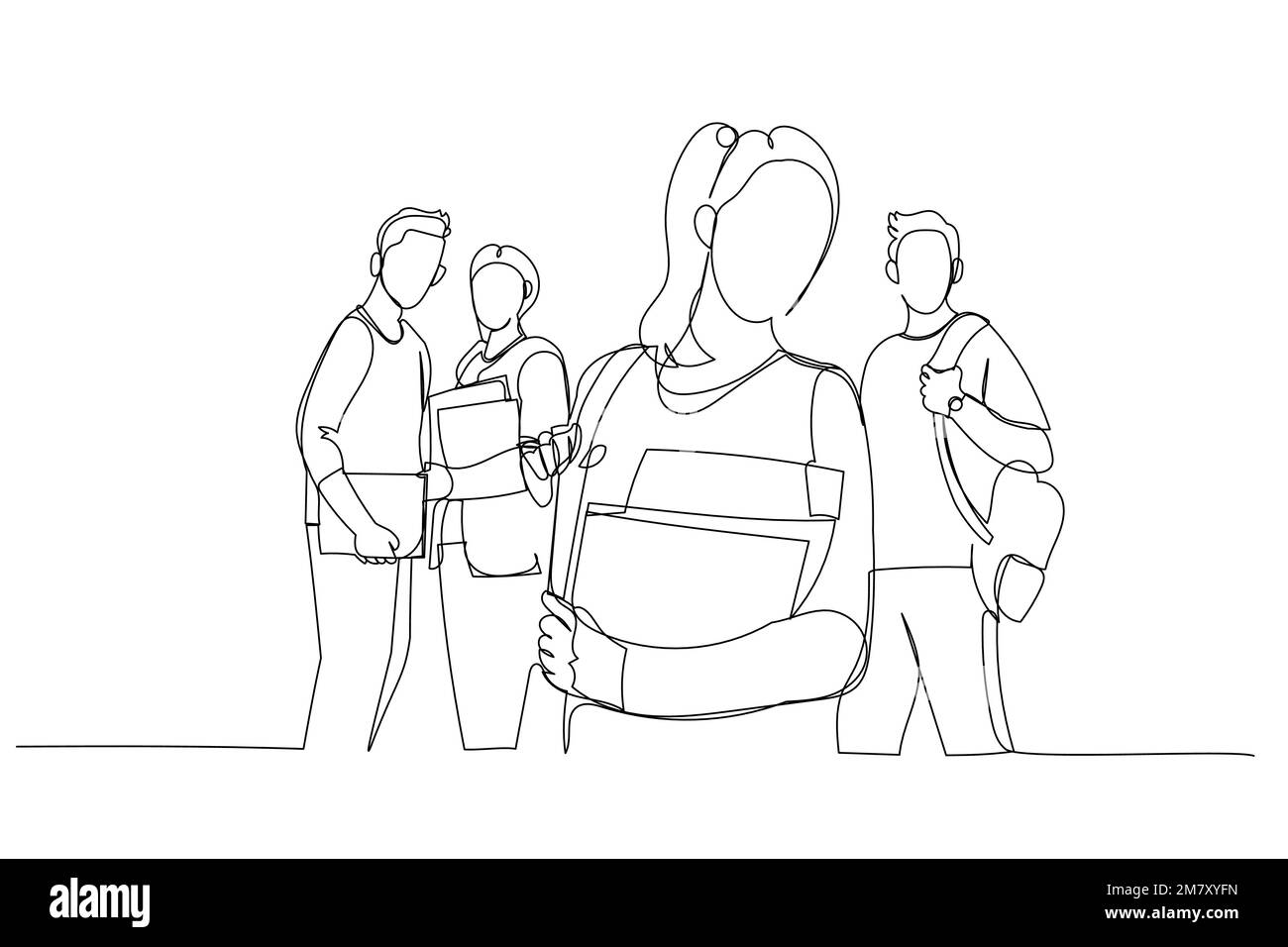 Drawing of happy student girl with book and a group of students ...