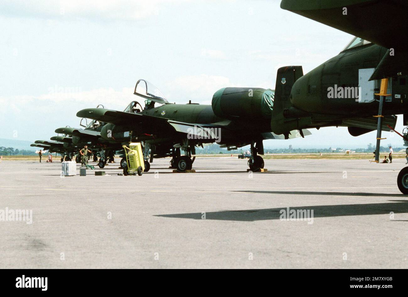 A A-10 Thunderbolt II aircraft are lined up on the flight line at the ...