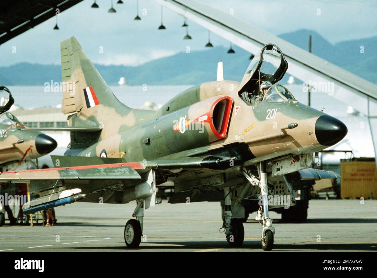 A right front view of an A-4K Skyhawk aircraft from the Royal New ...