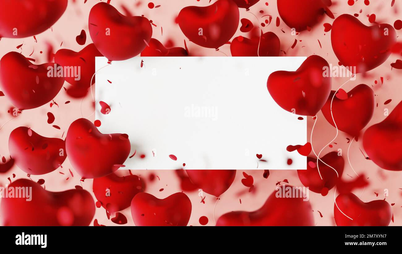 Valentines day celebration. Border with flying heart shape balloons and ...