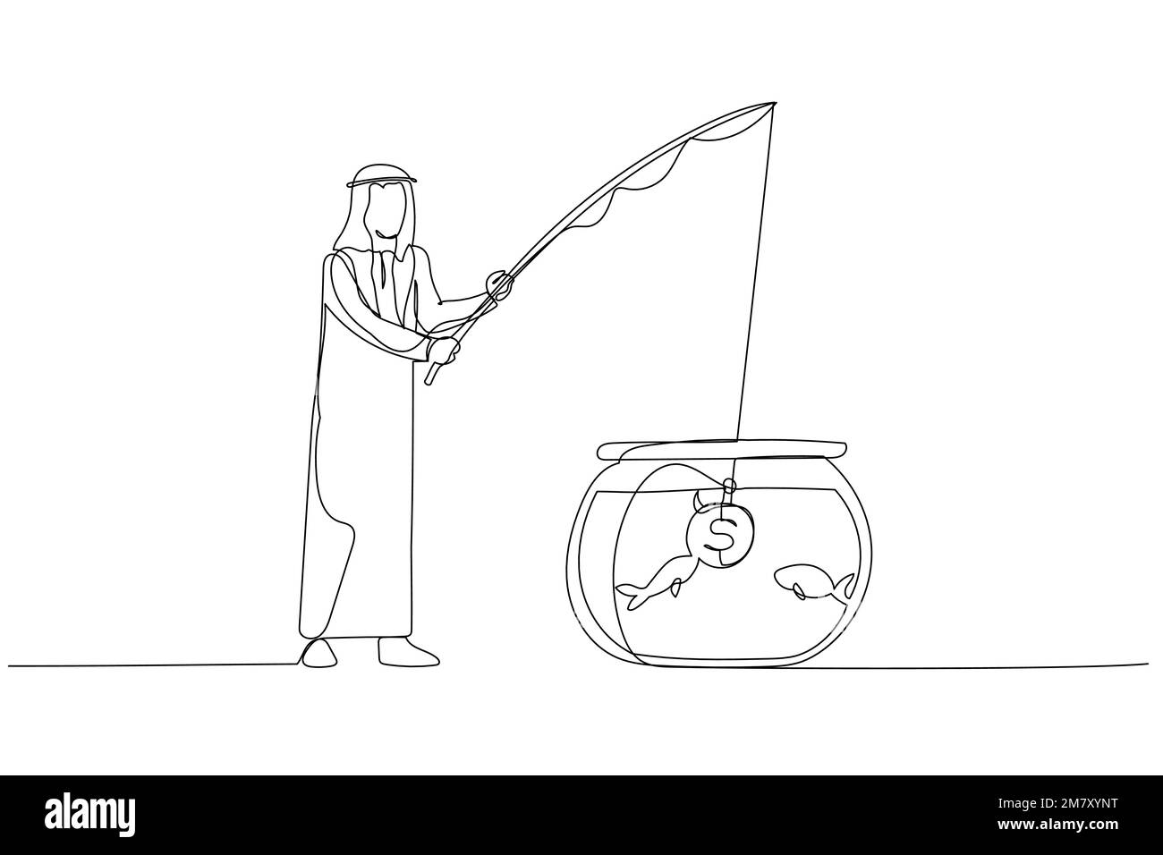 Drawing of arab businessman try to hook and catch with coin bait ...