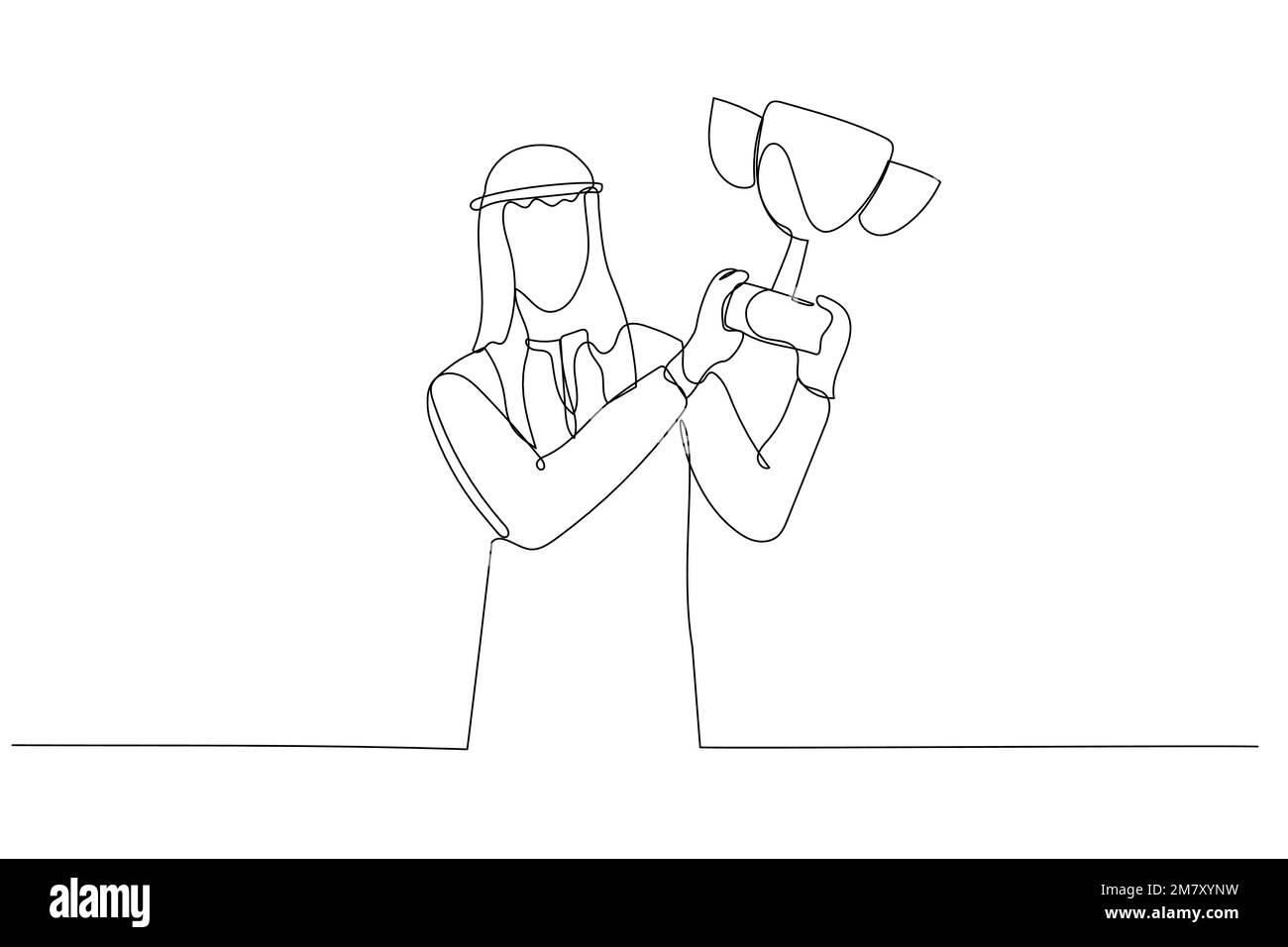 Cartoon of arab businessman raising trophy metaphor of success. Single ...