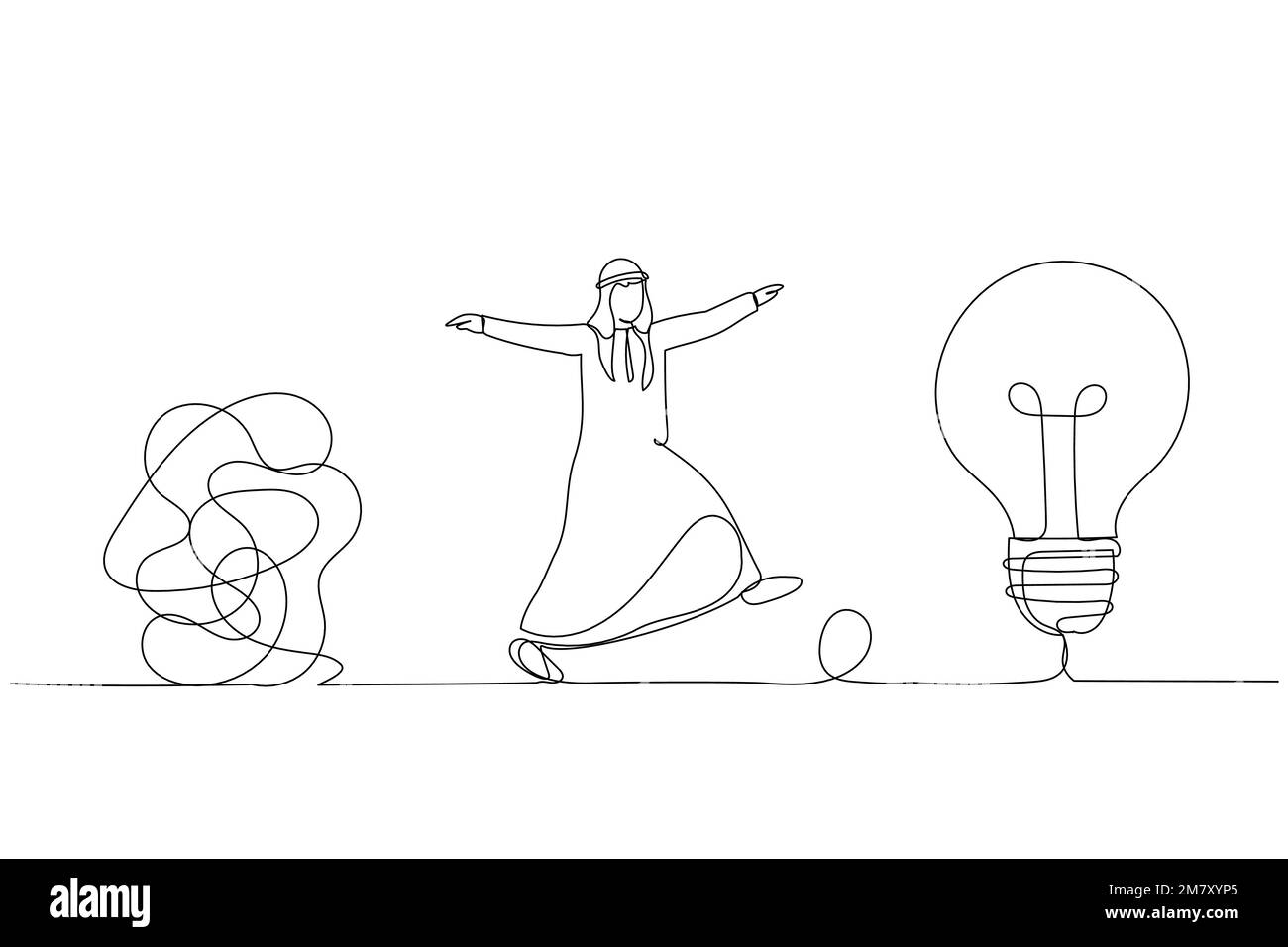 Drawing of smart arab businessman walking away from mess chaos line to ...