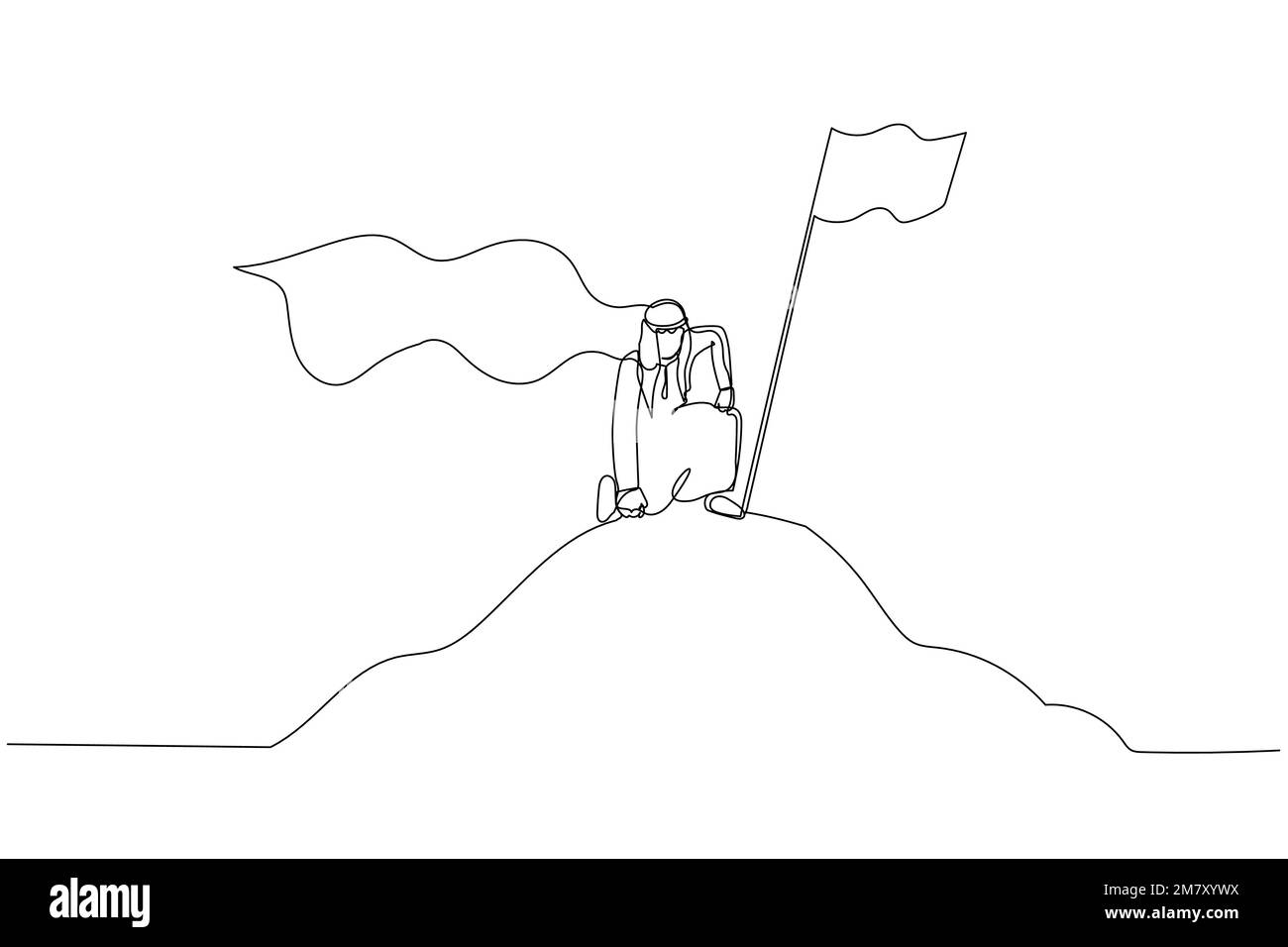 Drawing of arab businessman with hero cape on mountain. Single ... Drawing of arab businessman with hero cape on mountain. Single ...