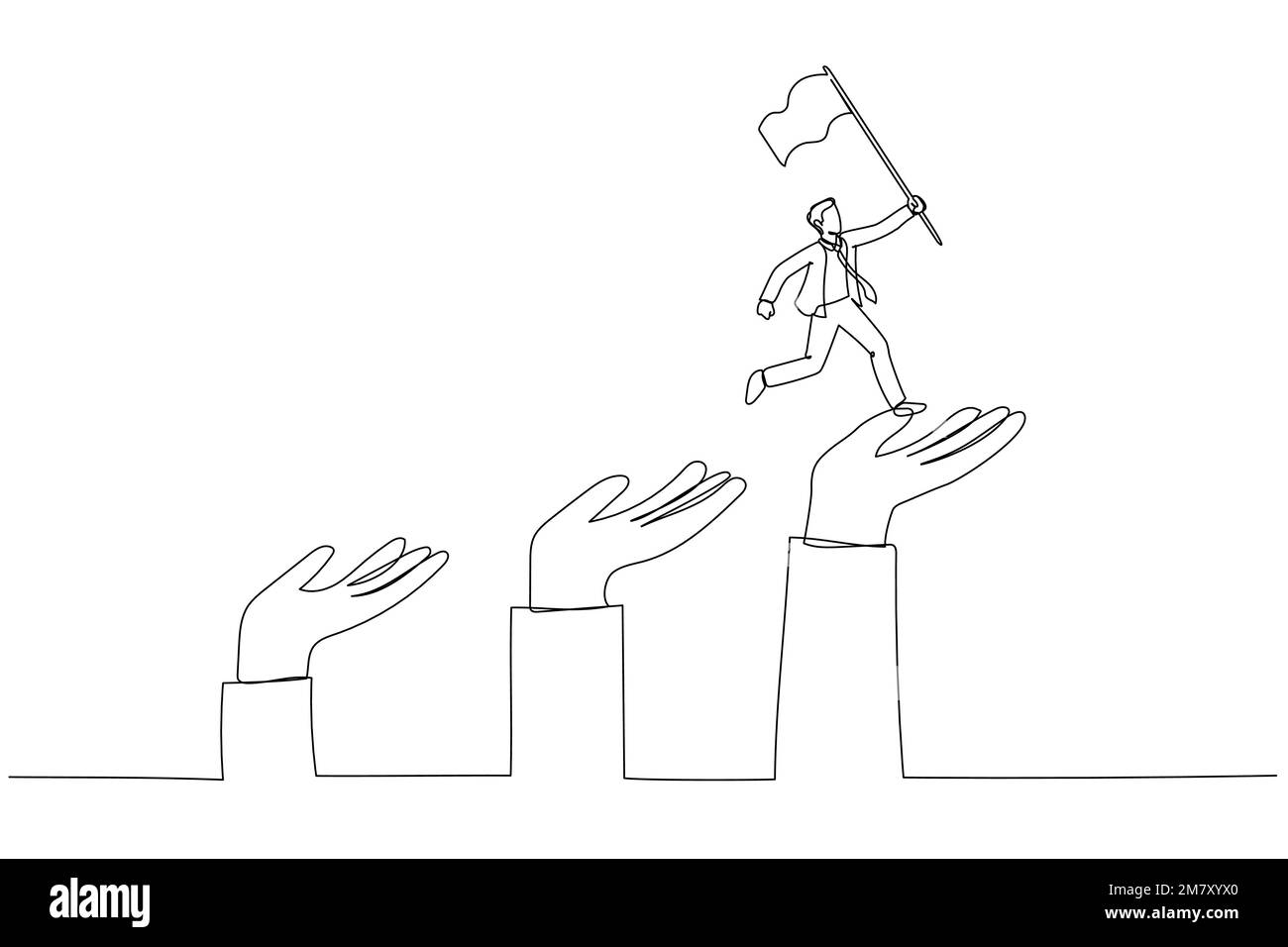Drawing of businessman jumping up giant hand growth ladder concept of ...