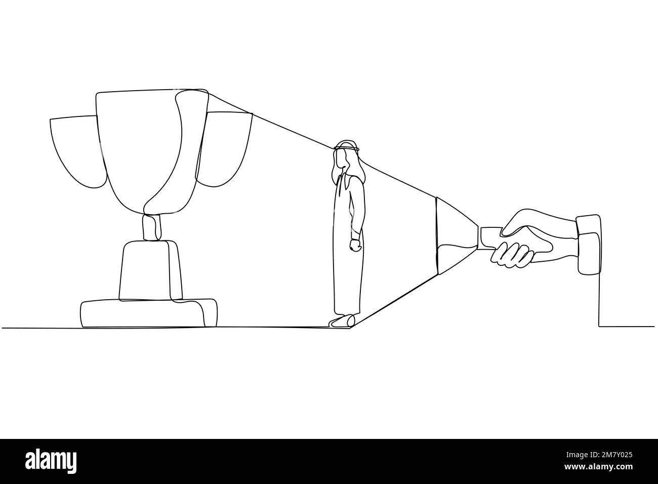 Drawing of arab businessman aiming big prize from flashlight. One line ...