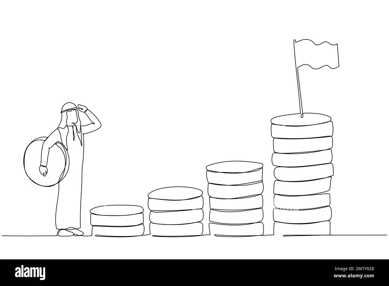 Drawing of arab businessman carrying money coin start step on compound ...