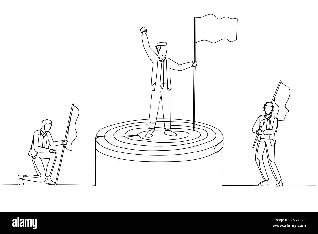 Cartoon of businessman holding flag on top of target concept of ...