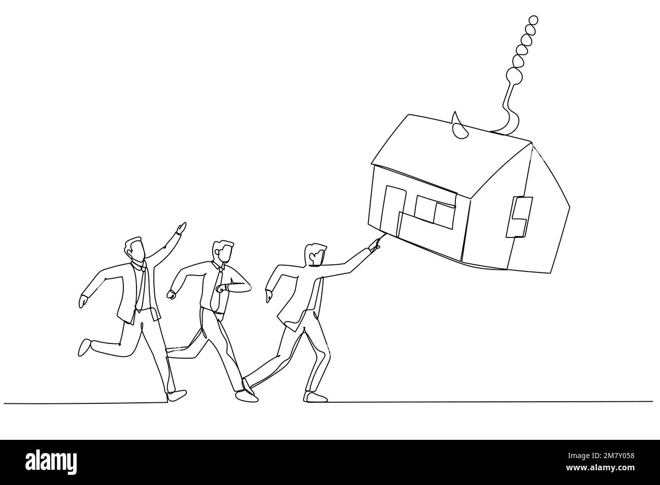 Drawing of group of businessman try to get house bait on fishing hook ...
