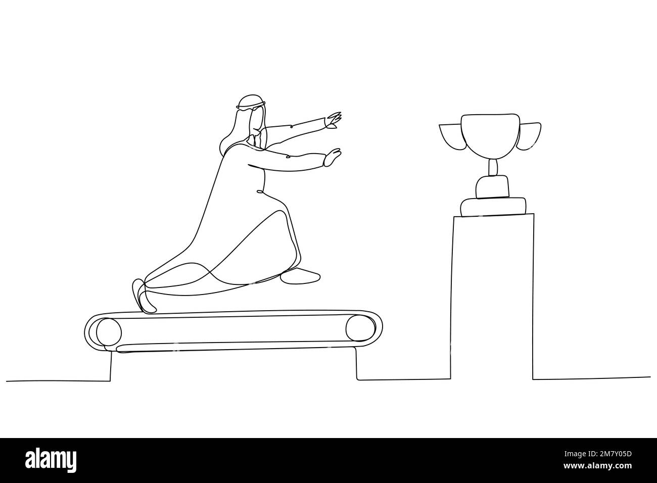 Cartoon of arab businessman running on the treadmill try to get trophy ...