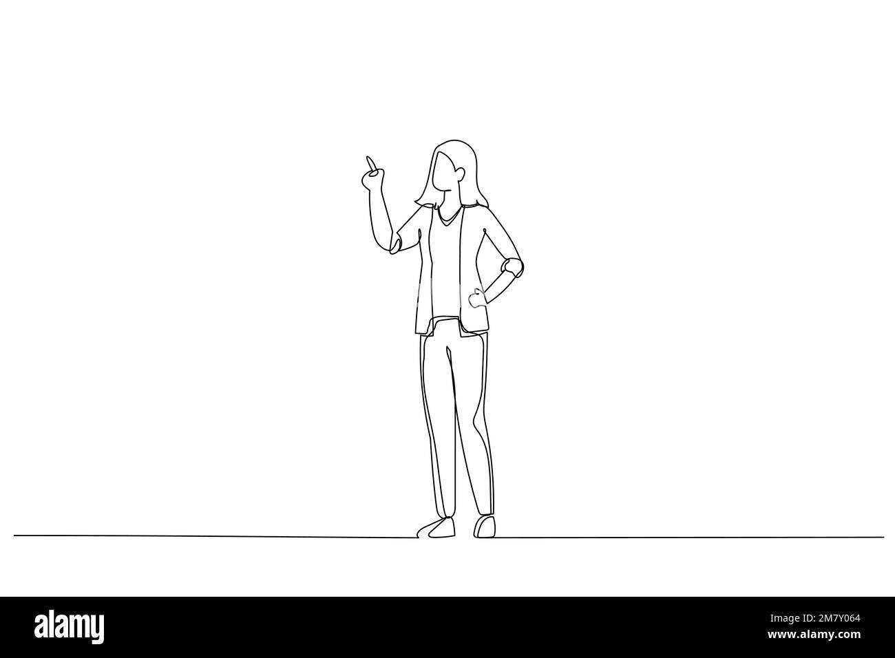 Cartoon of cheerful businesswoman standing and pointing finger away ...