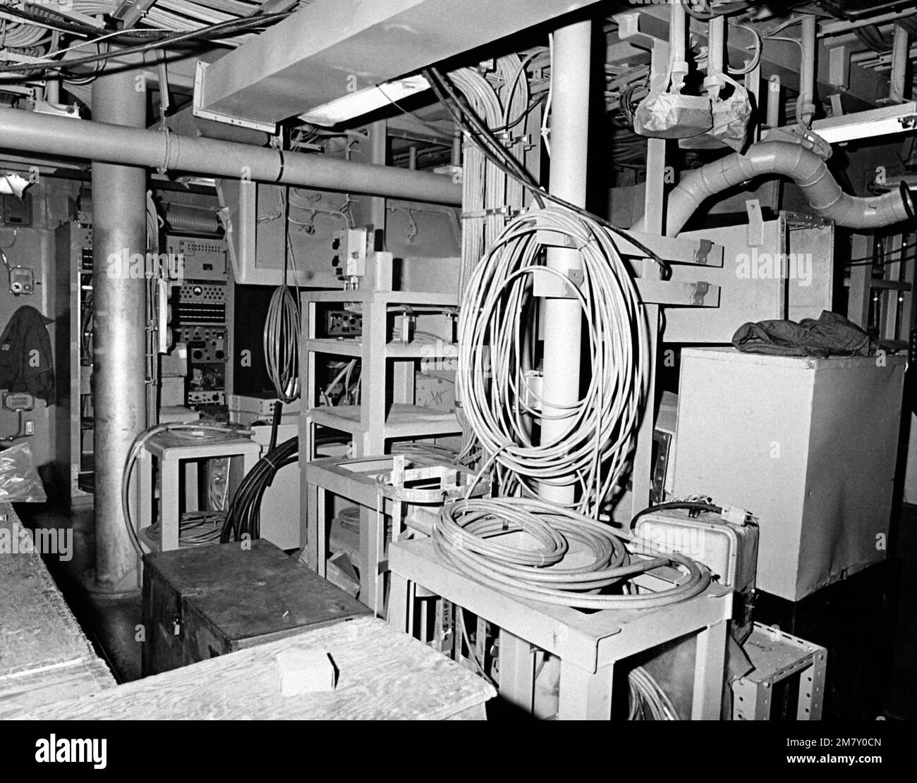 An interior view of the communications center on the guided missile ...