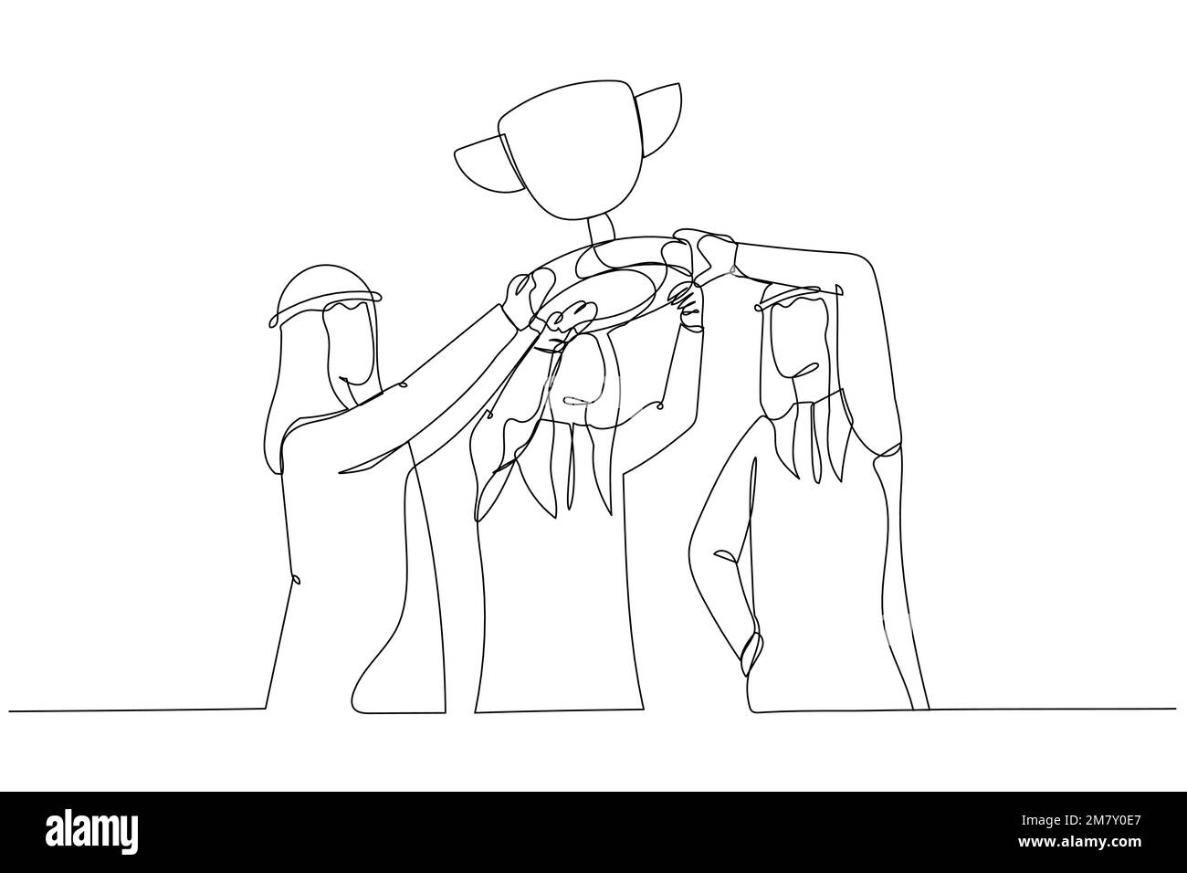 Drawing of arab businessman hold cup together success winning ...