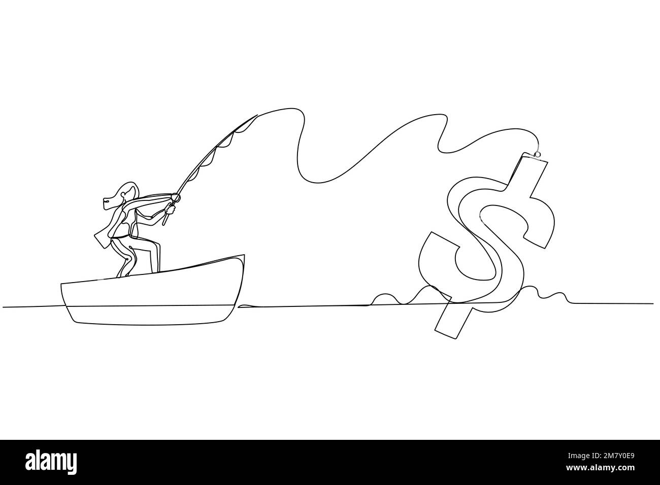 Drawing of businesswoman try to get fish fishing in the sea. One line ...