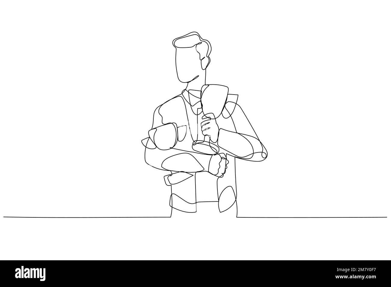 Drawing of businessman holding many awards winning from competition ...