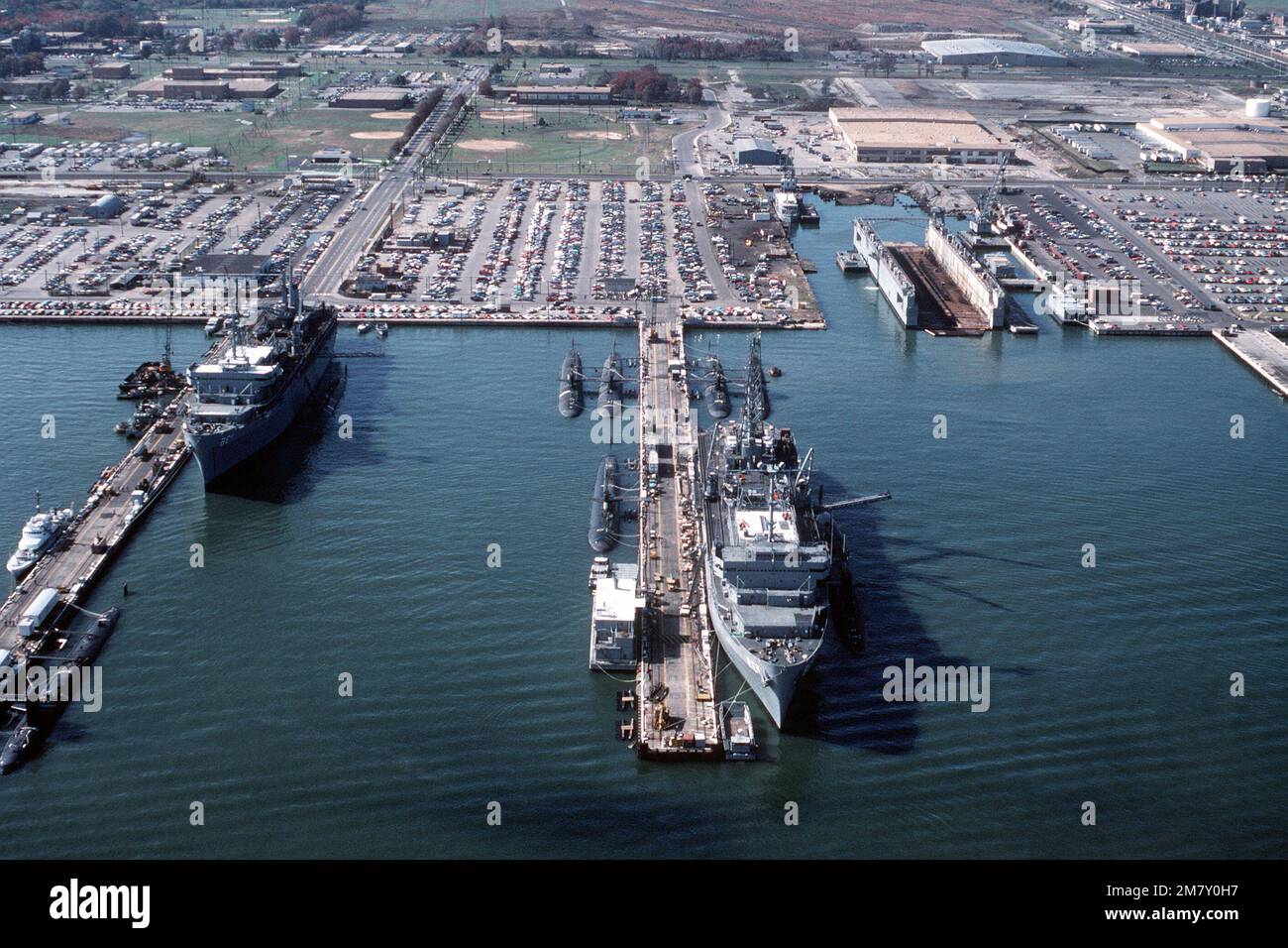 Aerial view of the submarine tenders USS EMORY S. LAND (AS-39) and USS L. Y. SPEAR (AS-36) at ...