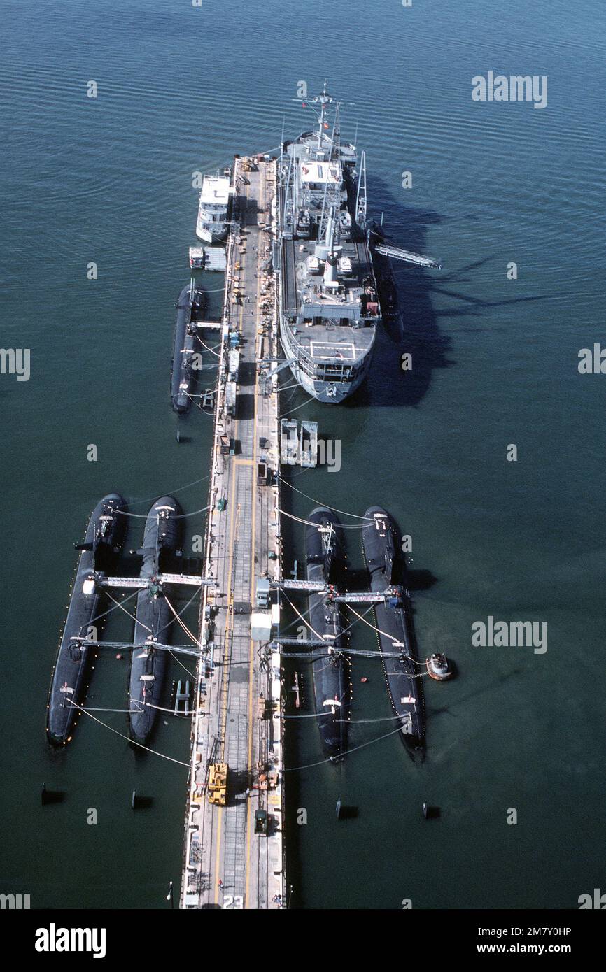Aerial view of the submarine tender USS EMORY S. LAND (AS-39) at the ...